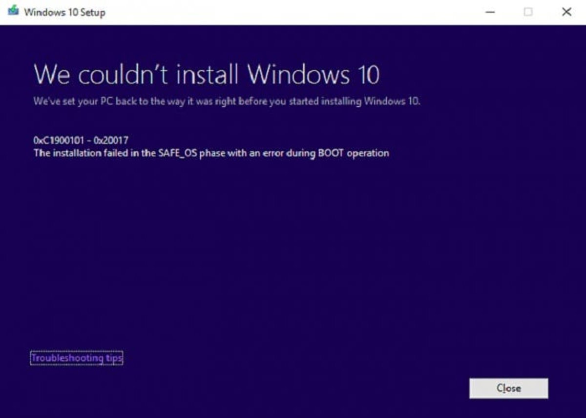 Soluciona los códigos de error 0xC1900101 - 0x20017 en Windows 10